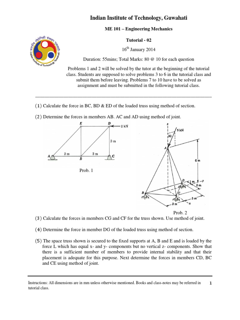 ME101 Tutorial 02 | PDF | Truss | Engineering