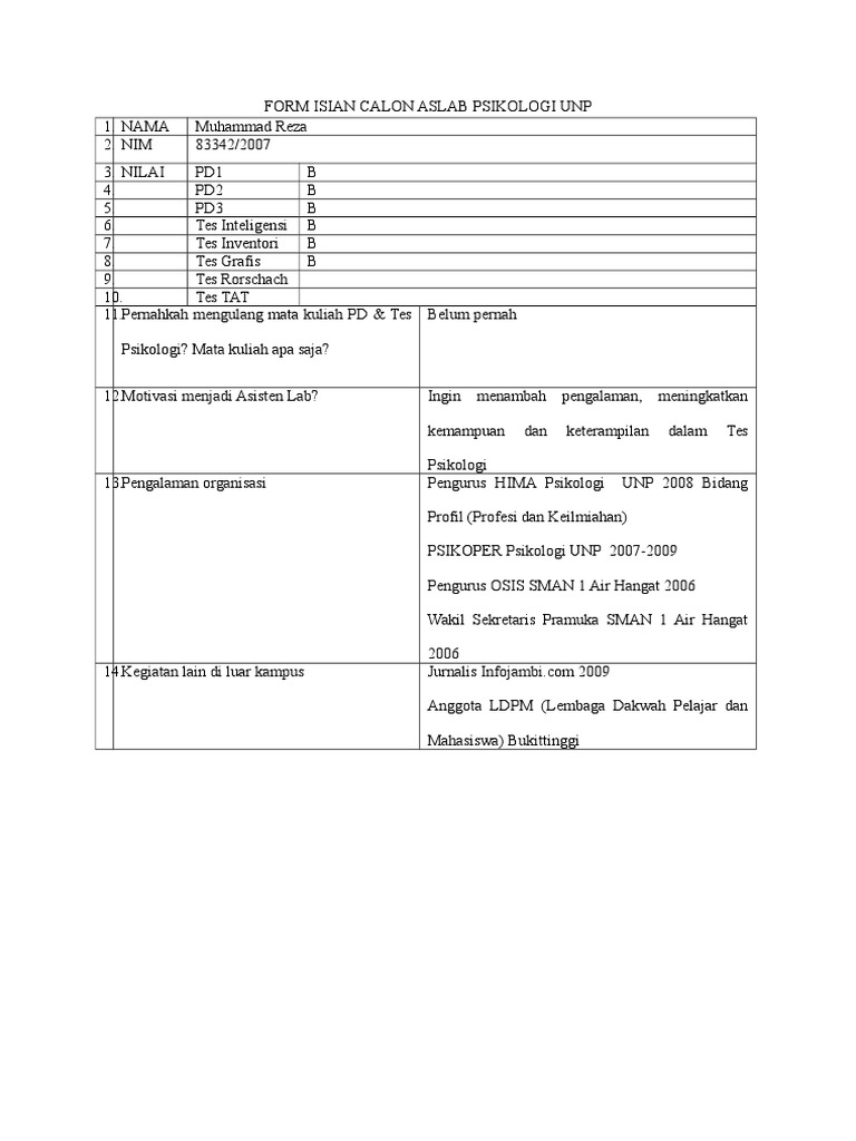 Form Isian Calon Aslab Psikologi Unp | PDF | Karier & Perkembangan | Pengembangan Diri