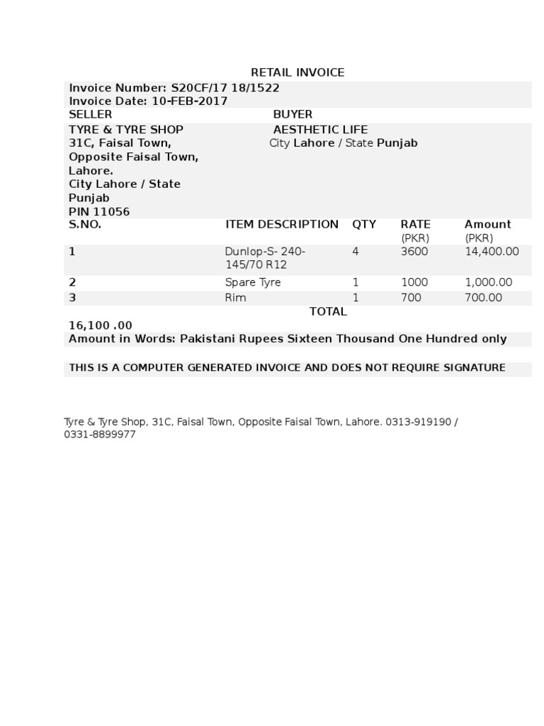 City Lahore / State Punjab: This Is A Computer Generated Invoice and ...