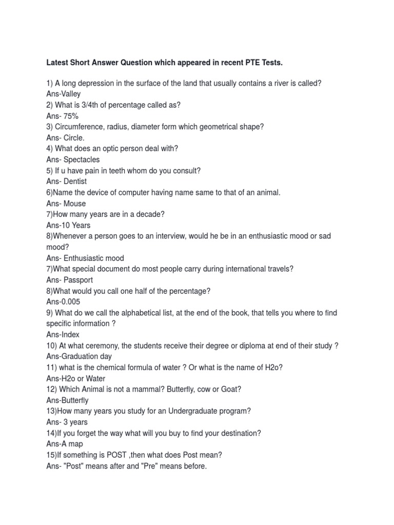 Latest Short Answer Question Which Appeared in Recent PTE Tests | Cats ...