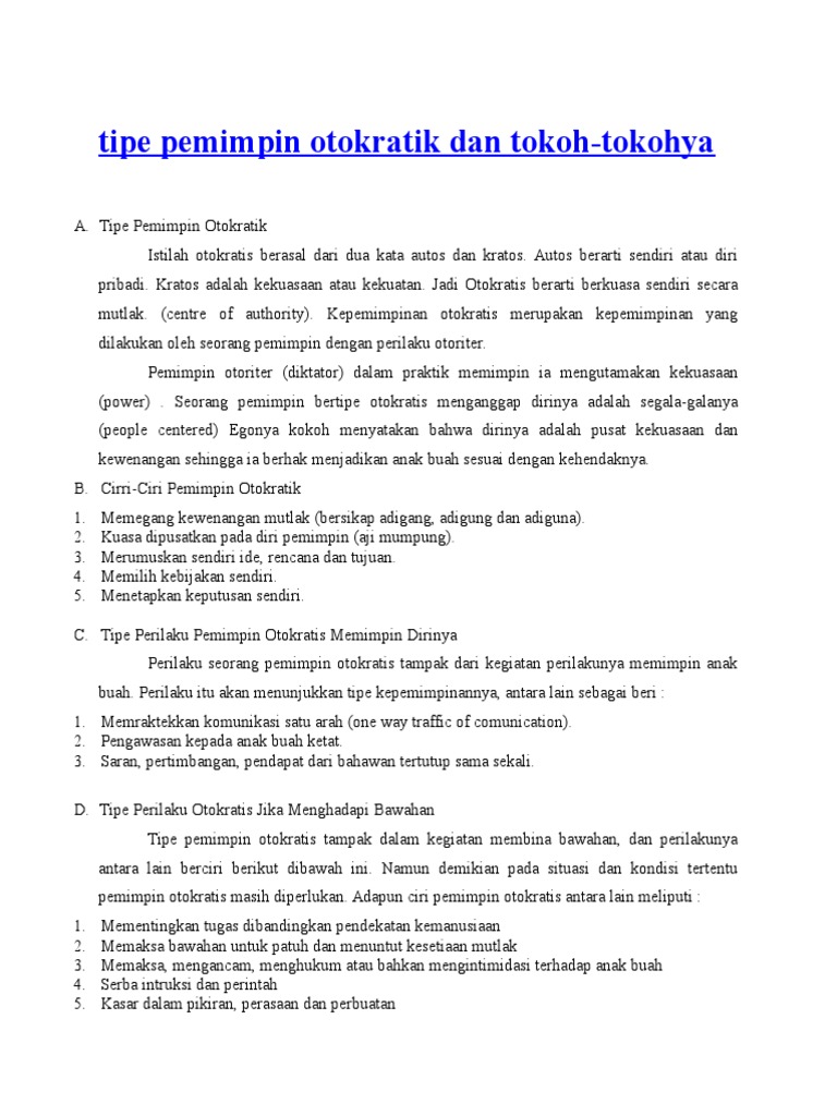 Tipe Pemimpin Otokratik Dan Tokoh | PDF