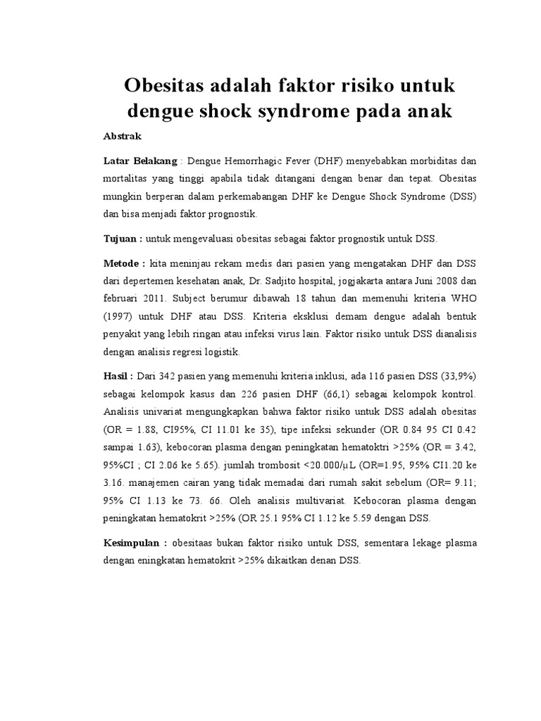 Obesitas Adalah Faktor Risiko Untuk Dengue Shock Syndrome Pada Anak ...