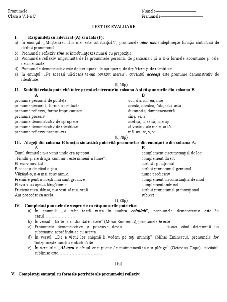 131932994 Test Pronume Clasa a 7 A