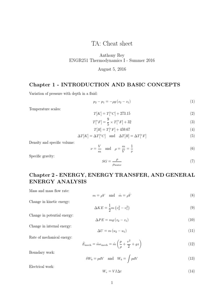Thermodynamic Cheat Sheet | Physical Chemistry | Mathematical Physics