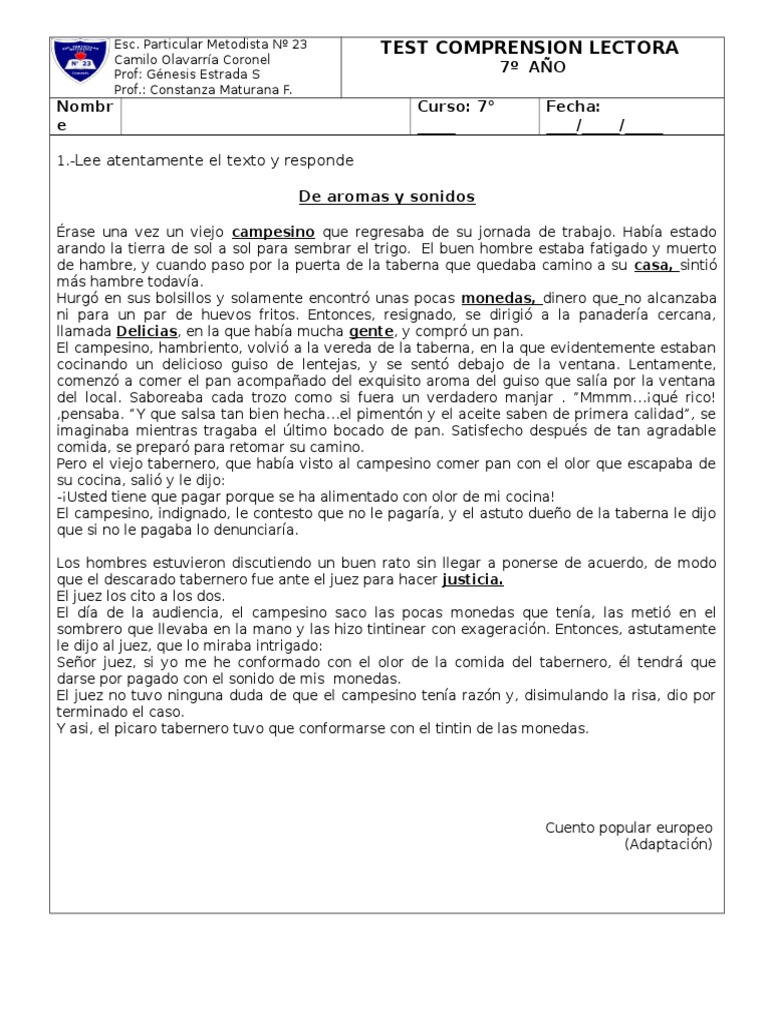 Test Comprension Lectora 7º | PDF | Panes | Alimentos