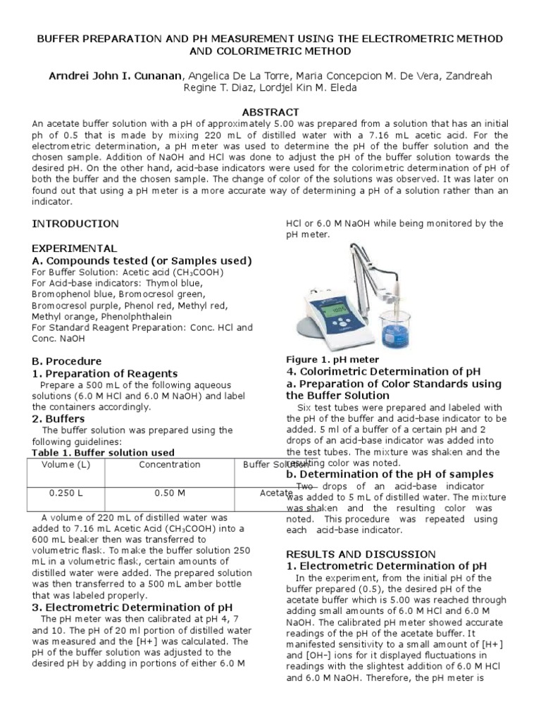 Buffer Preparation and PH Measurement Using The Electrometric Method and Colorimetric Method ...
