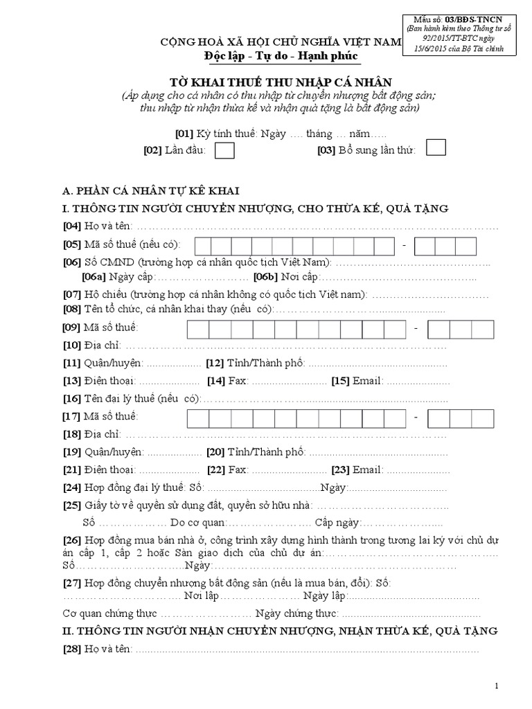 To Khai Chuyen Nhuong Bds 03 BDS TNCN11 | PDF