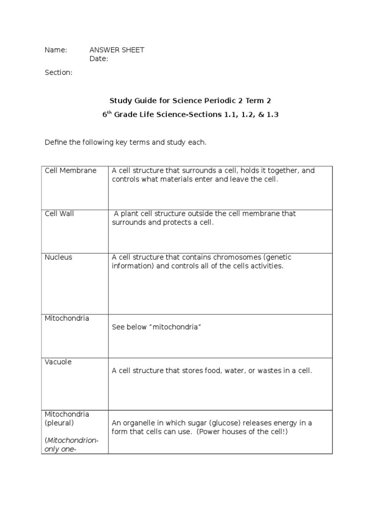 Study Guide For Science Periodic 2 Term 2 6 Grade Life Science-Sections ...