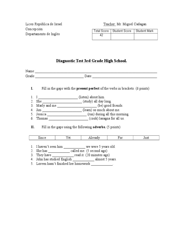 Diagnostic Test 3rd Grade High School.: Total Score Student Score ...