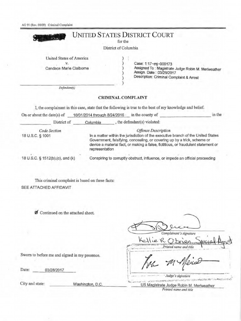 Candace Claiborne Complaint | Search Warrant | Securities