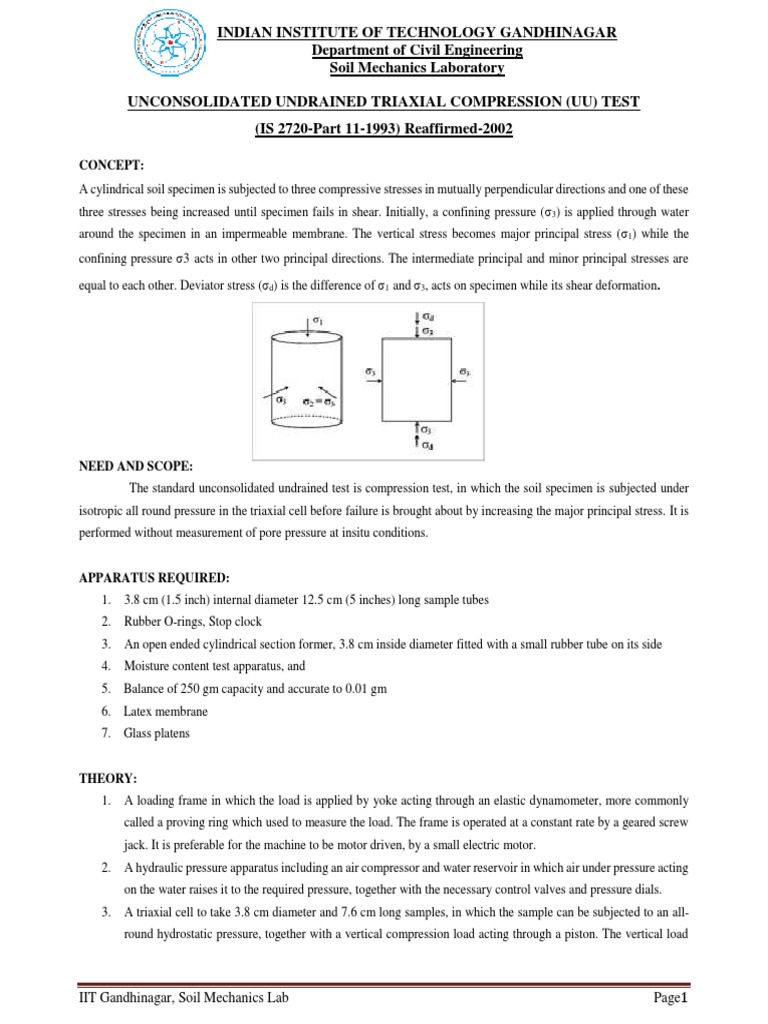 Unconsolidated Undrained Test Lab Manual | PDF | Soil Mechanics ...