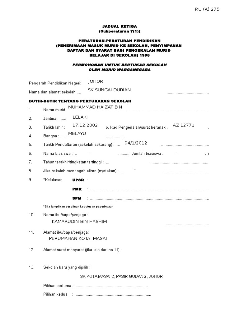 Borang PUA 275 Jadual Ketiga (CONTOH) | PDF