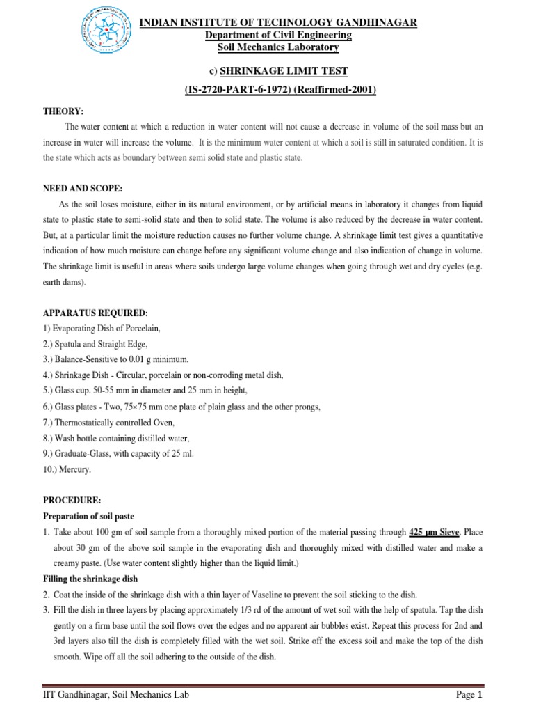 Shrinkage Limit Test Lab Manual | PDF | Chemistry | Materials