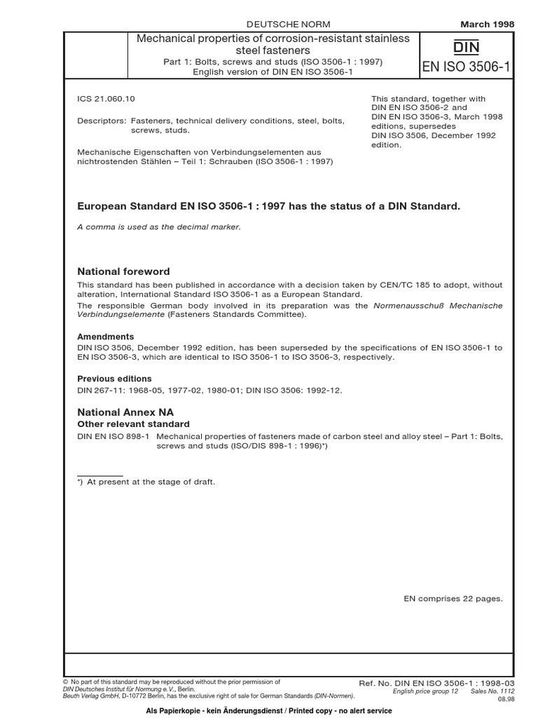Din-En Iso 3506-1 1998 PDF | Download Free PDF | Screw | International ...