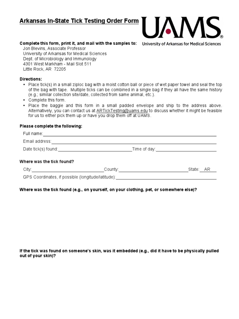 Arkansas State Tick Testing Form | Download Free PDF | Infection | Medicine