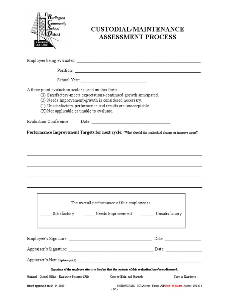 Custodial - Maintenance Evaluation Form | Performance Appraisal ...