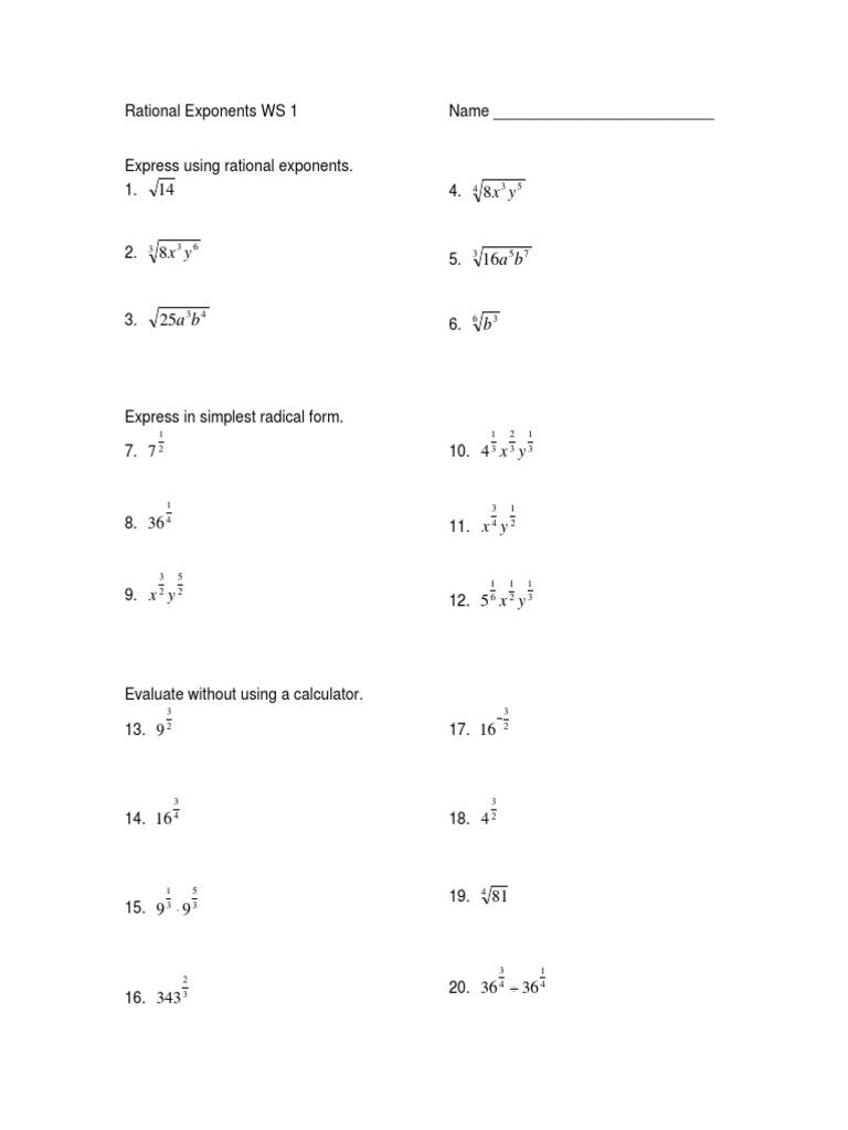 Rational Exponents Worksheet 1 | PDF