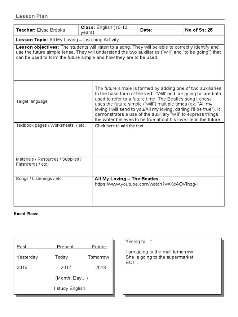 All My Loving - Song Lesson Plan | PDF | Lesson Plan | Grammatical Tense