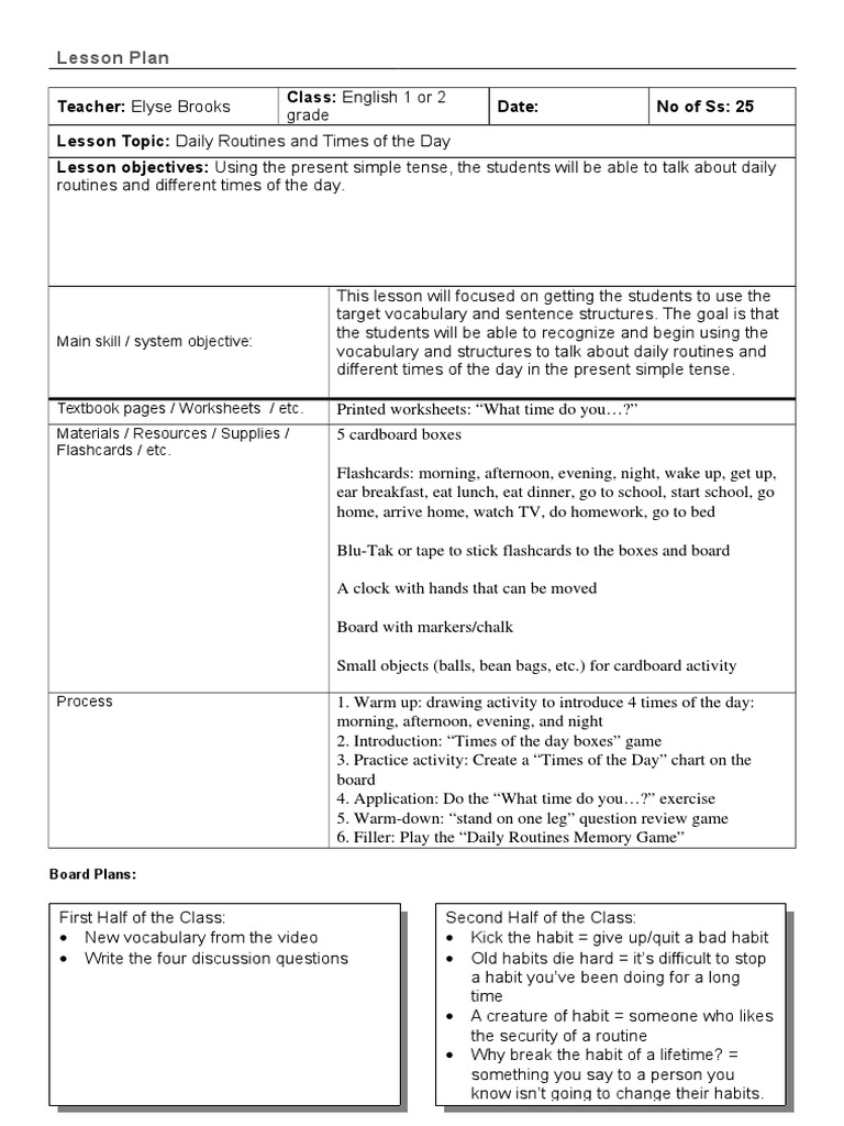 Daily Routines Lesson Plan for ESL | PDF | Worksheet | Lesson Plan