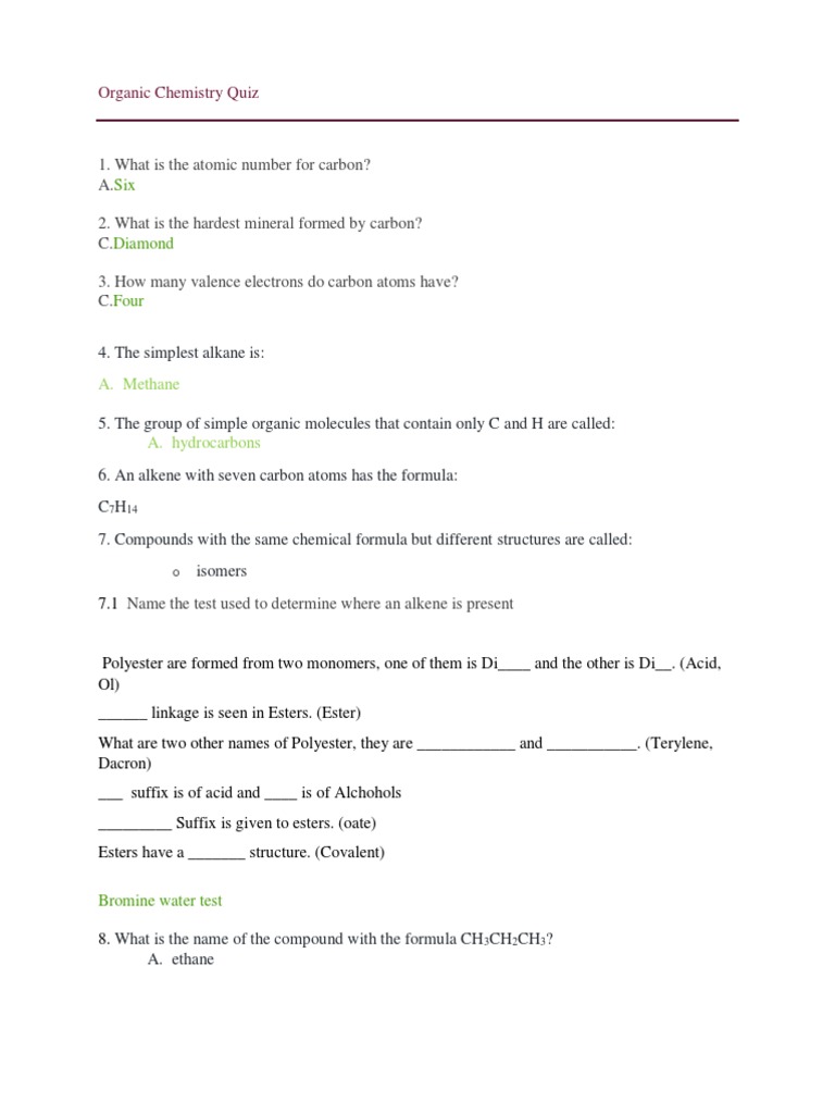 Organic Chemistry Quiz Questions | PDF | Science & Mathematics
