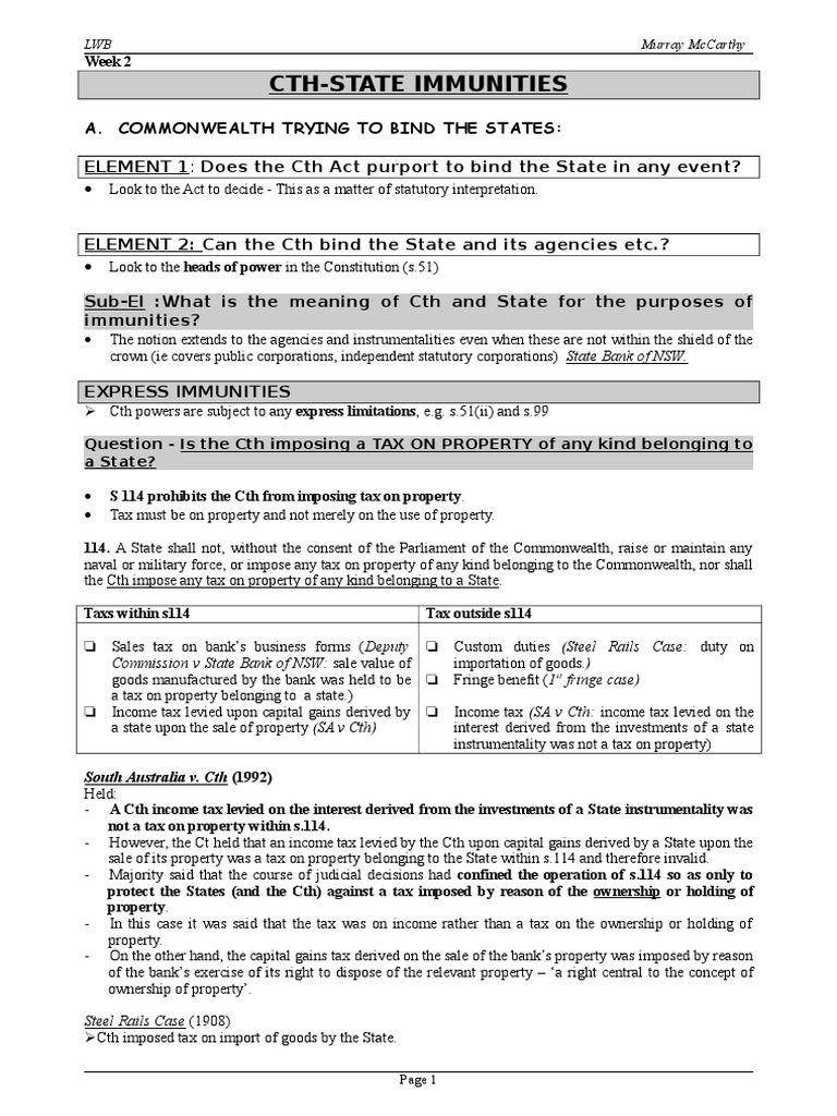 Cth-State Immunities: LWB Murray Mccarthy | PDF | Sovereign Immunity ...