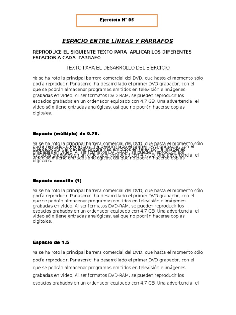 Práctica #05-Espacio Entre Lineas y Parrafos | PDF | DVD | Vídeo