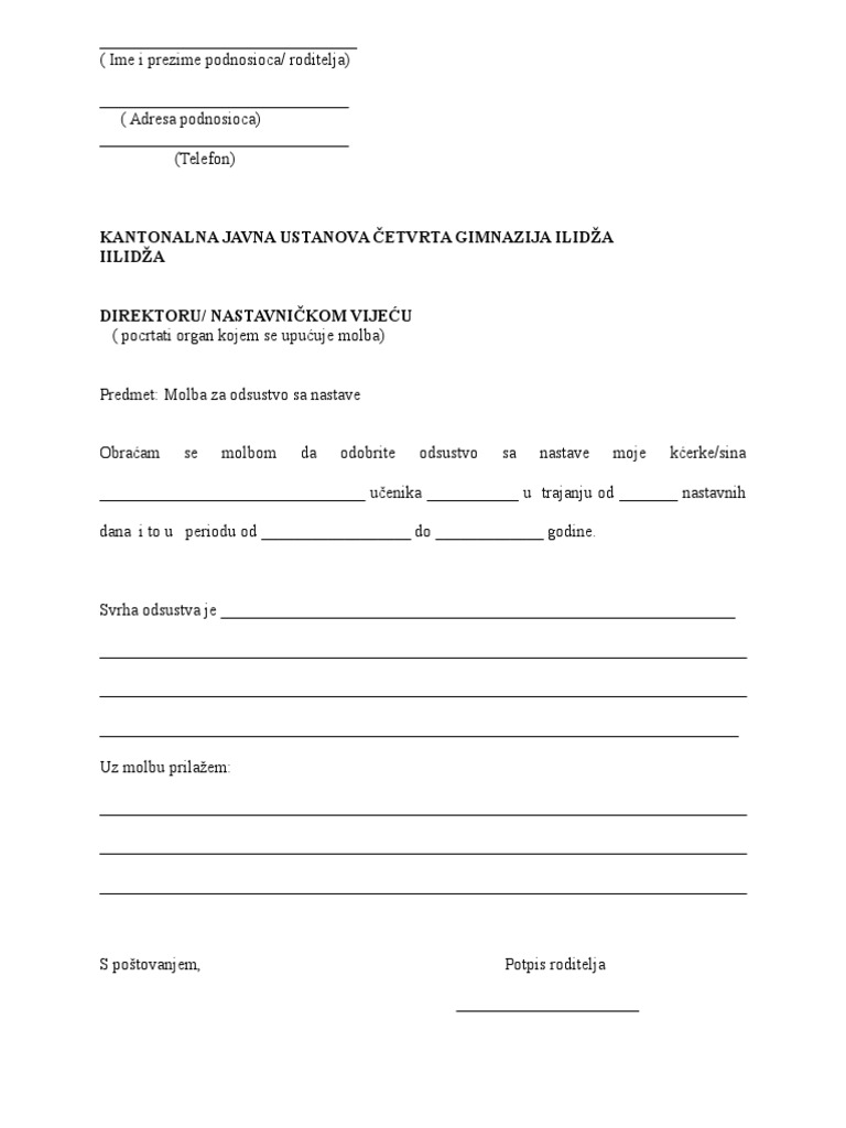 Molba Za Odsustvo Sa Nasatve | PDF