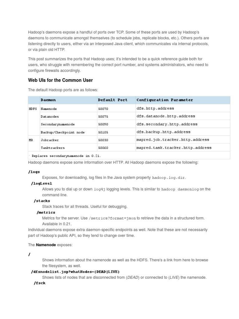 Web Uis For The Common User: Daemon Default Port Configuration Parameter | PDF | Apache Hadoop ...