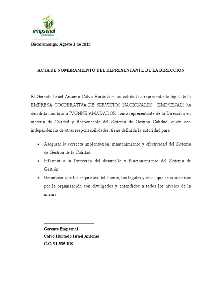 Acta de Nombramiento Del Representante de La Direccion