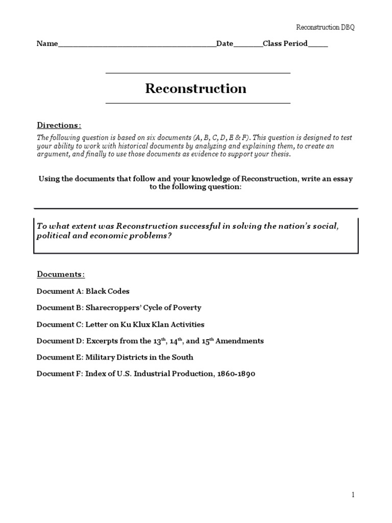 Reconstruction DBQ-Primary Sources | PDF | Reconstruction Era ...