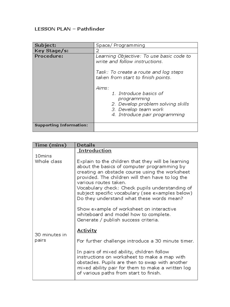 pathfinder lesson plan | Curriculum | Lesson Plan