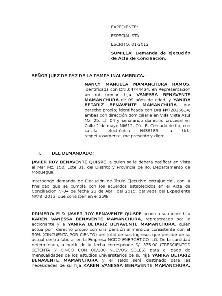 Acta de Ejecucion | PDF | Manutención de los hijos | Ley procesal