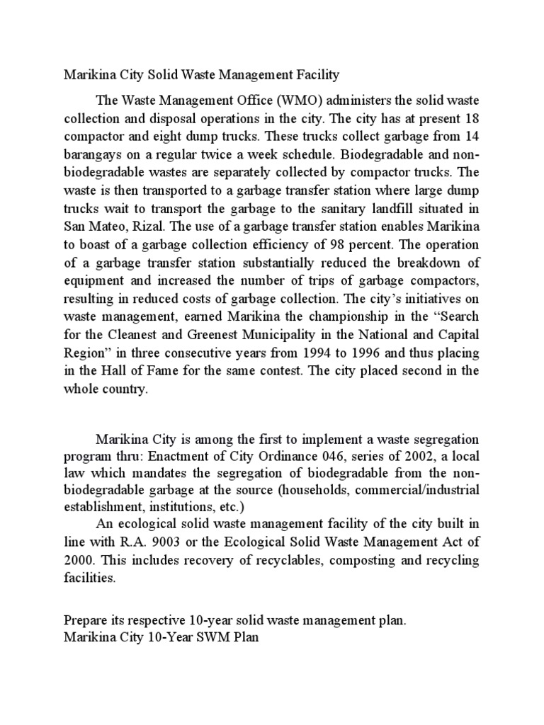 Marikina City Waste Management Office | PDF | Municipal Solid Waste ...