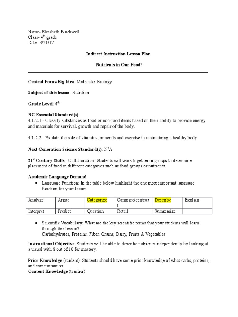 4th Grade Nutrition Lesson Plan | PDF | Carbohydrates | Nutrients