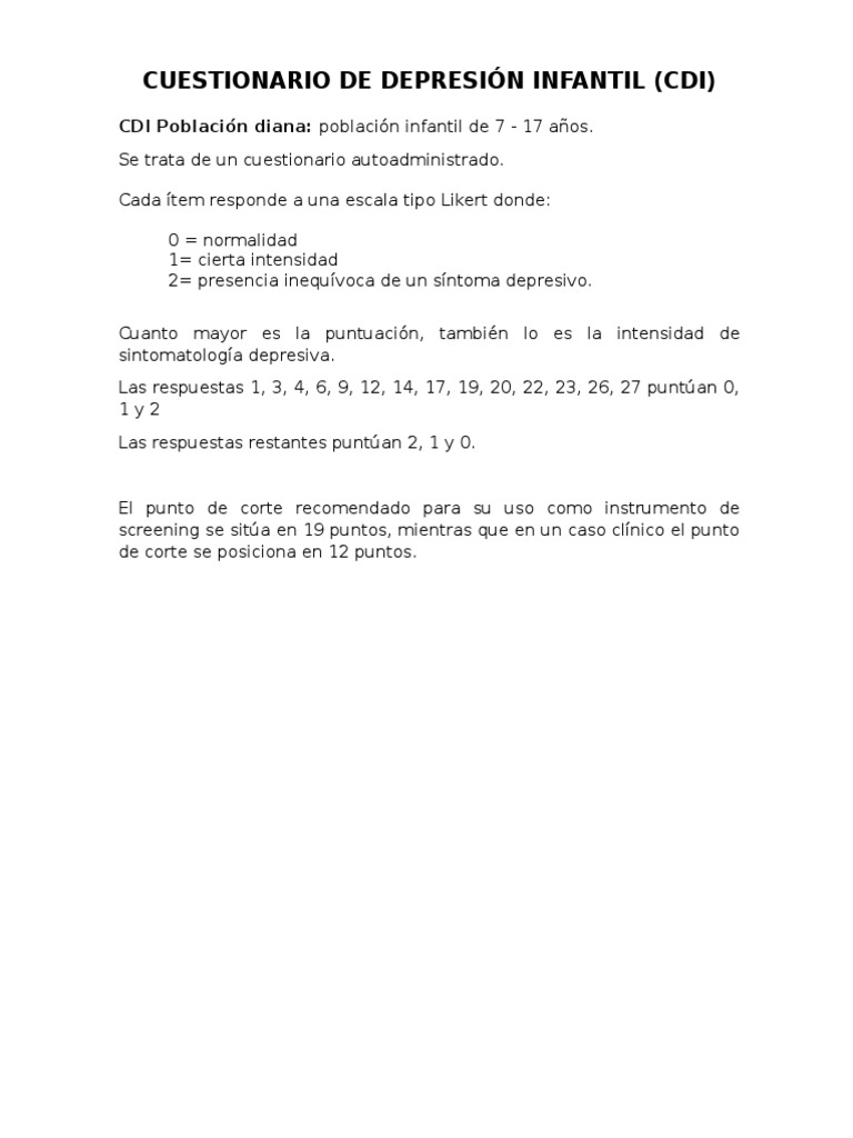 Cuestionario de Depresión Infantil CDI | PDF | Depresión (estado de ...