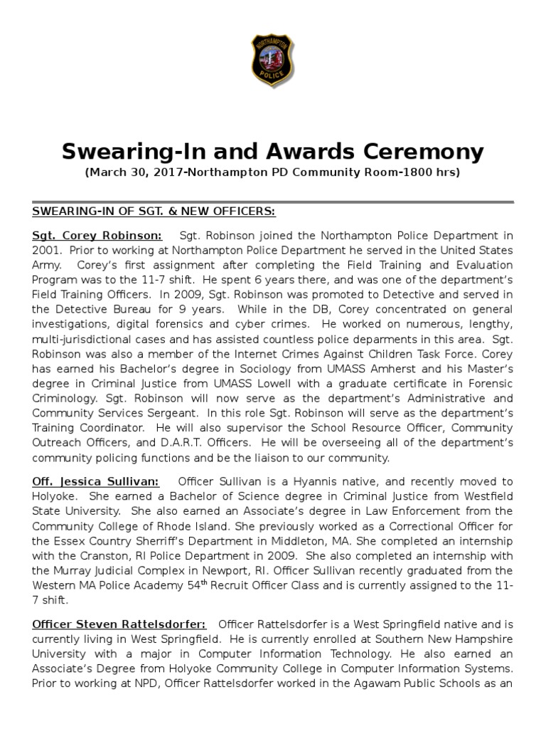 Northampton Police Swearing-In and Awards Ceremony-March 30, 2017 ...