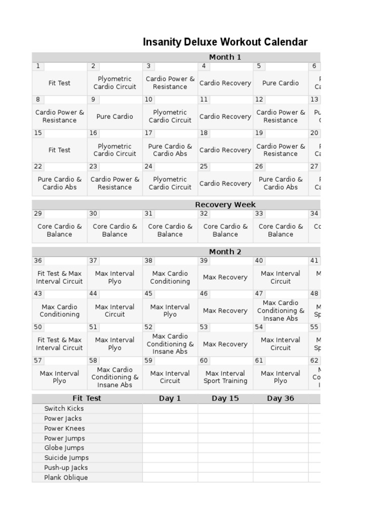 Insanity Deluxe Workout Schedule | PDF | Physical Exercise | Recreation