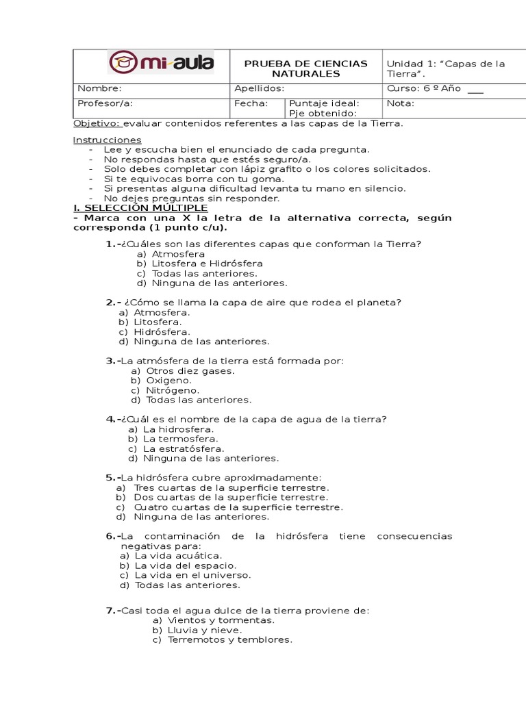 Prueba Capas de La Tierra 6to