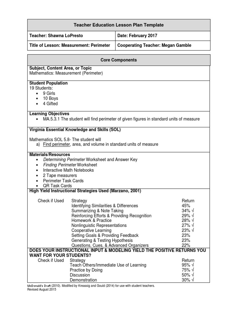 Ued496 Lopresto Shawna Perimeter Lesson Plan Only | PDF ...