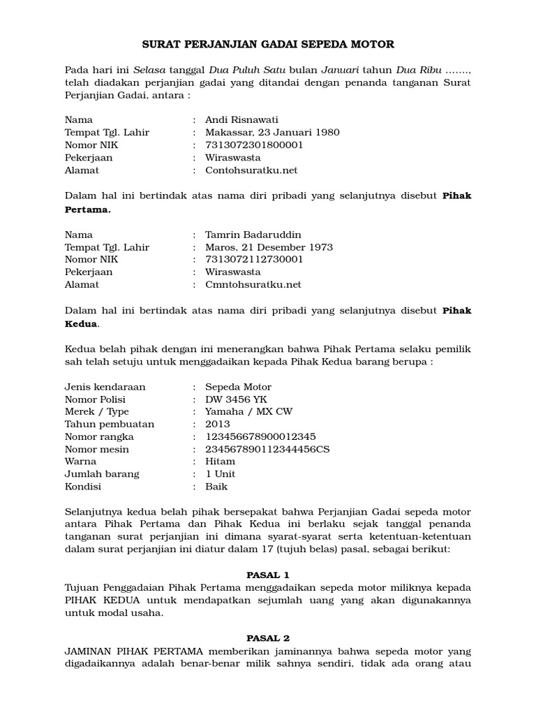 Contoh Surat Perjanjian Leasing | Contoh Surat Menyurat