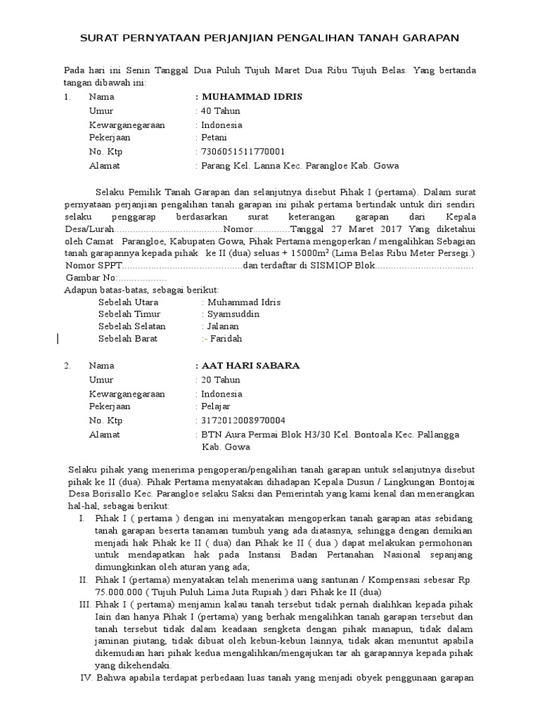 Surat Pernyataan Perjanjian Pengalihan Tanah Garapan | PDF