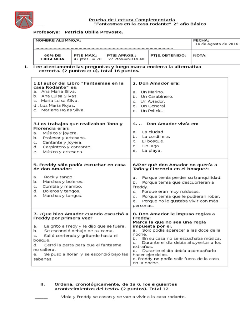 Prueba Del Libro Fantasmas en La Casa Rodante 2° Septiembre | PDF ...
