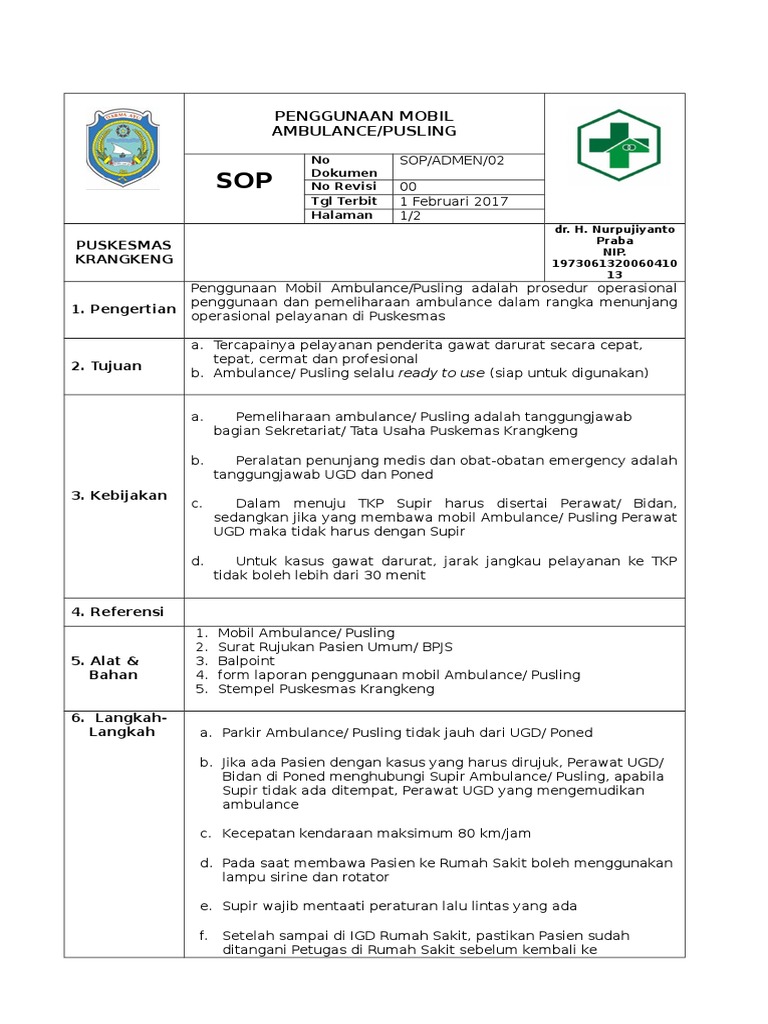 SOP Penggunaan Mobil Ambulance Puskesmas | PDF
