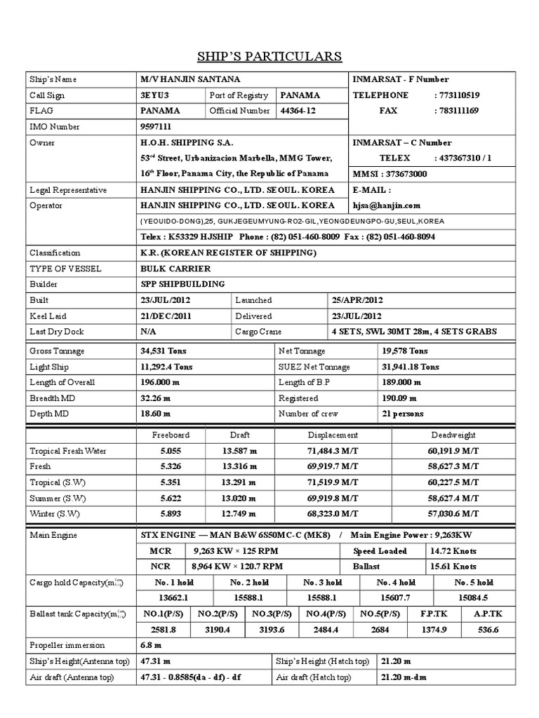 3.hanjin Santana - Particulars | PDF | Tonnage | Ships