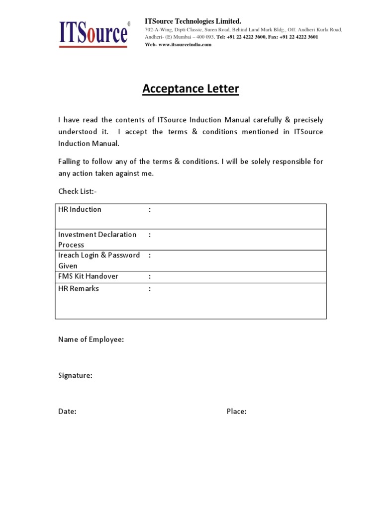 Acceptance Letter Format