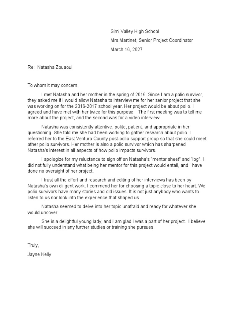 Senior Project Letter of Recommendation | PDF