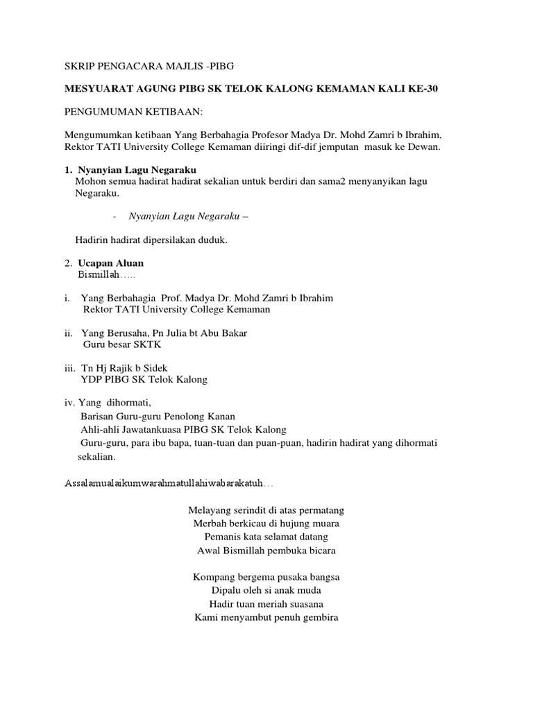 Skrip Pengacara Majlis Mesyuarat Agung Pibg SKTK Kali Ke 30 | PDF