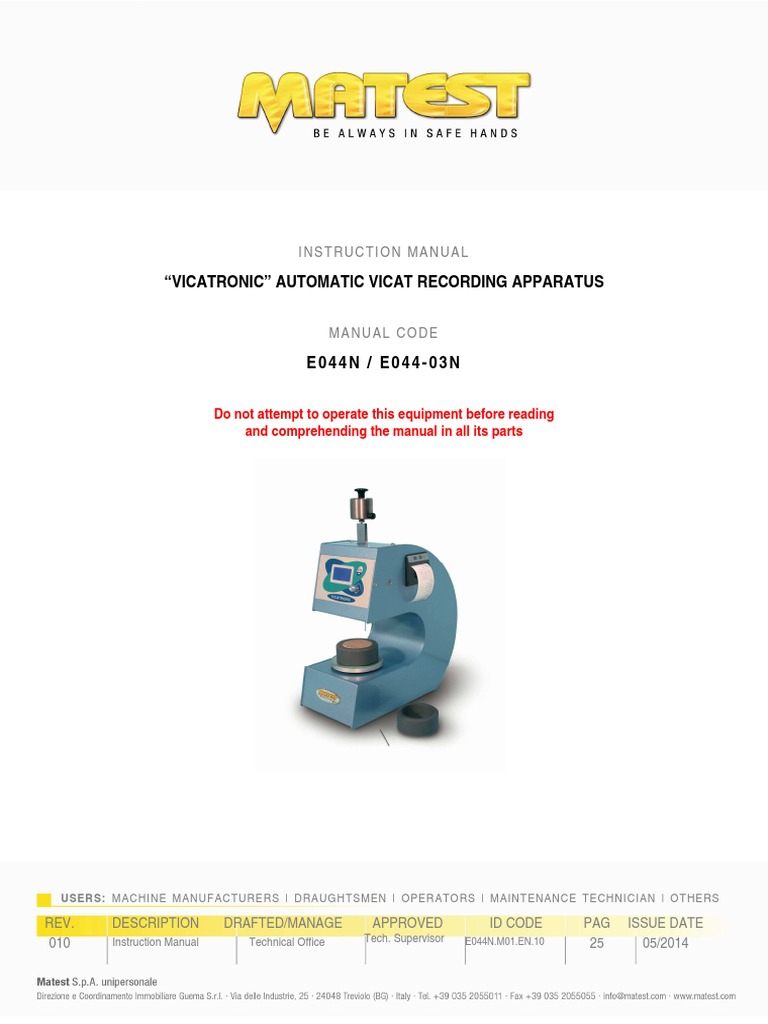 Vicatronic Automatic Vicat Manual | PDF | Safety | Machines