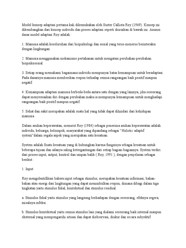 Model Konsep Adaptasi Pertama Kali Dikemukakan Oleh Suster Callista Roy | PDF | Sains & Matematika