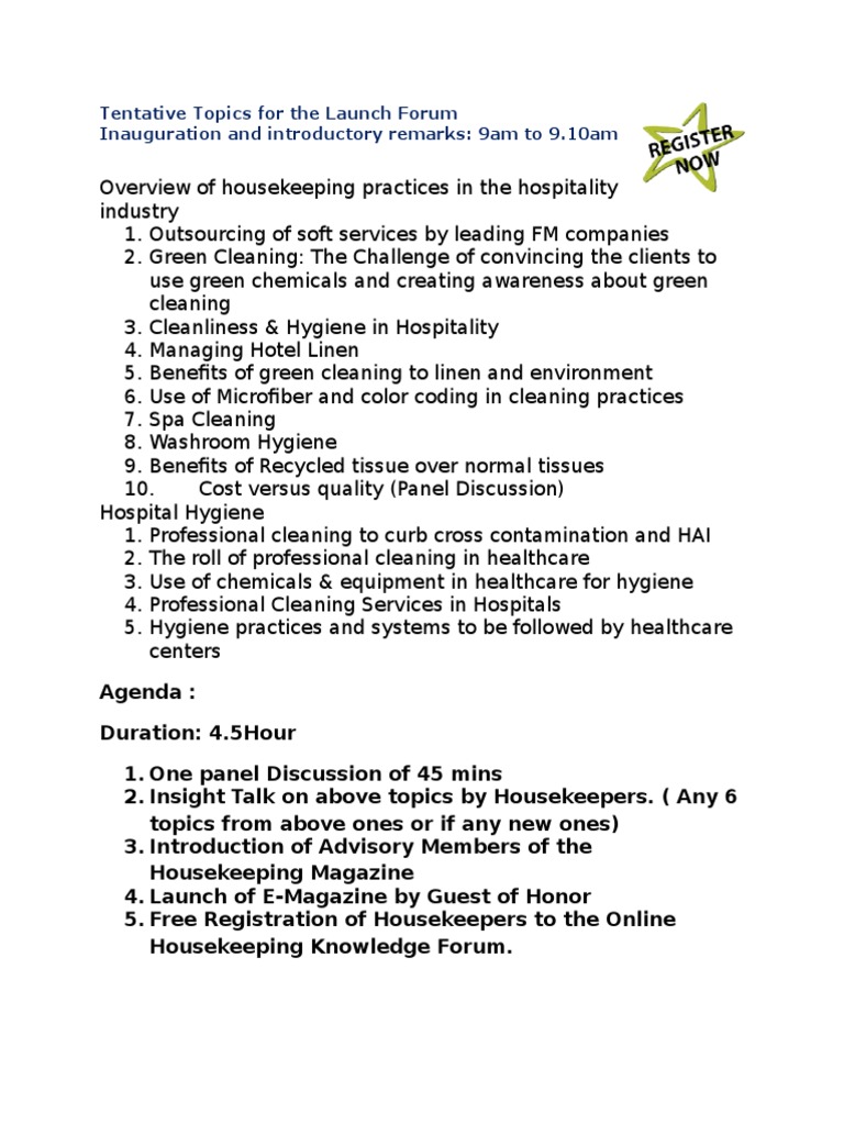 Tentative Topics for the Housekeeping Best Practices Forum
